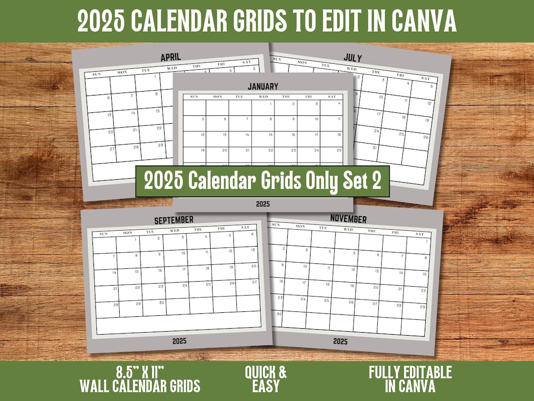 2025 Wall Calendar Grids Canva Templates Set 2 | Fully Editable 12 ...