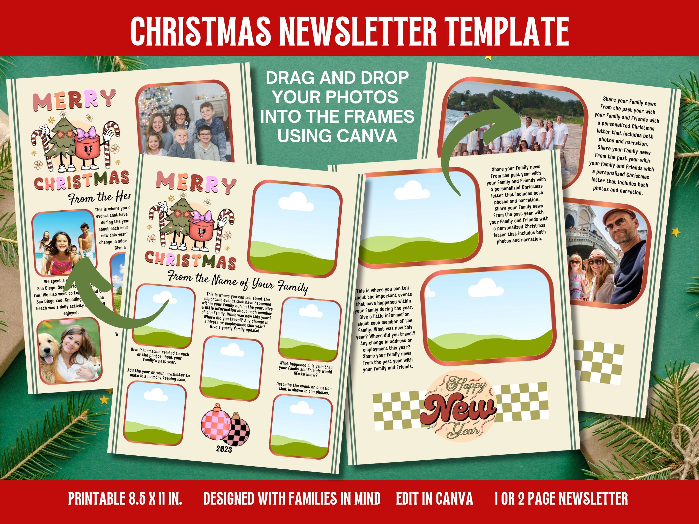 Retro Christmas Newsletter Template Editable in Canva, Cute Holiday ...