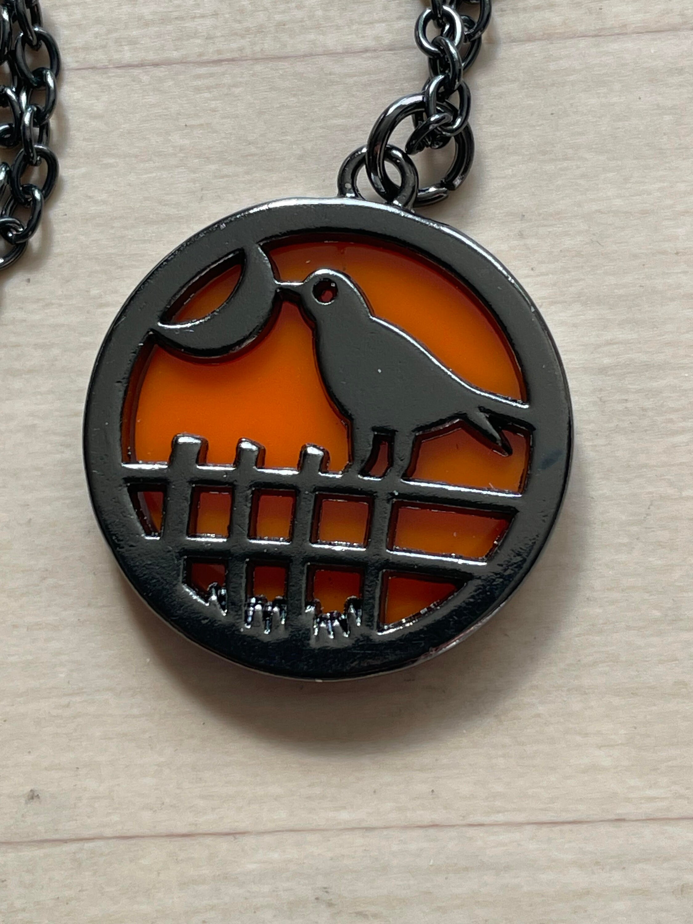 Halloween Necklace Orange Moon and Crow on Fence Black Chain 18" - Etsy
