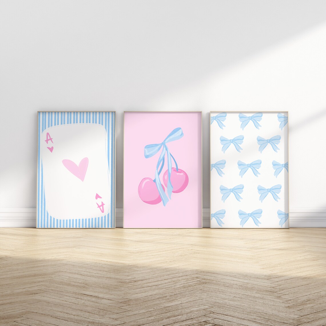 Blue and Pink Floral Bow Cherries FULL SET of 6 Trendy Wall Prints ...