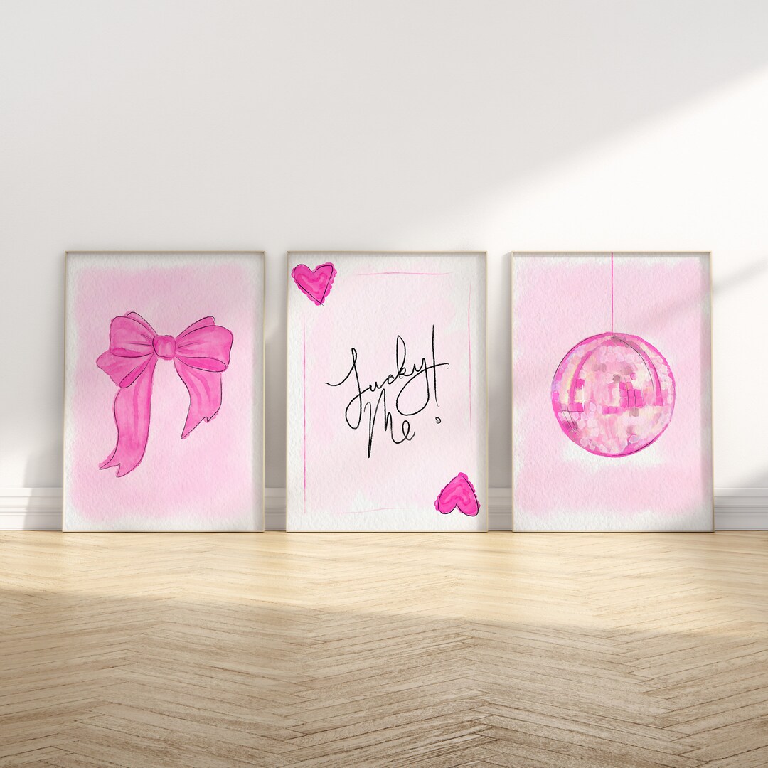 Lucky Me! Pink Room Decor Prints | Pink Bow, Playing Card, Disco Ball ...