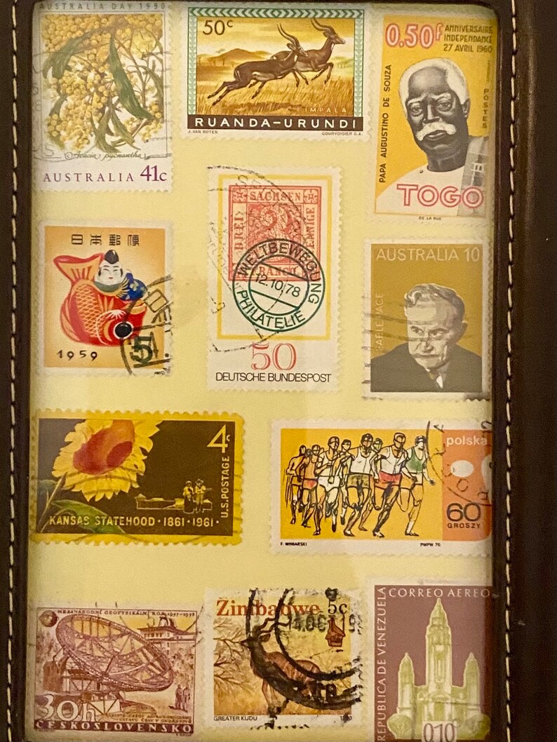 Yellow Vintage Stamp Art in Brown Leather Frame - Etsy