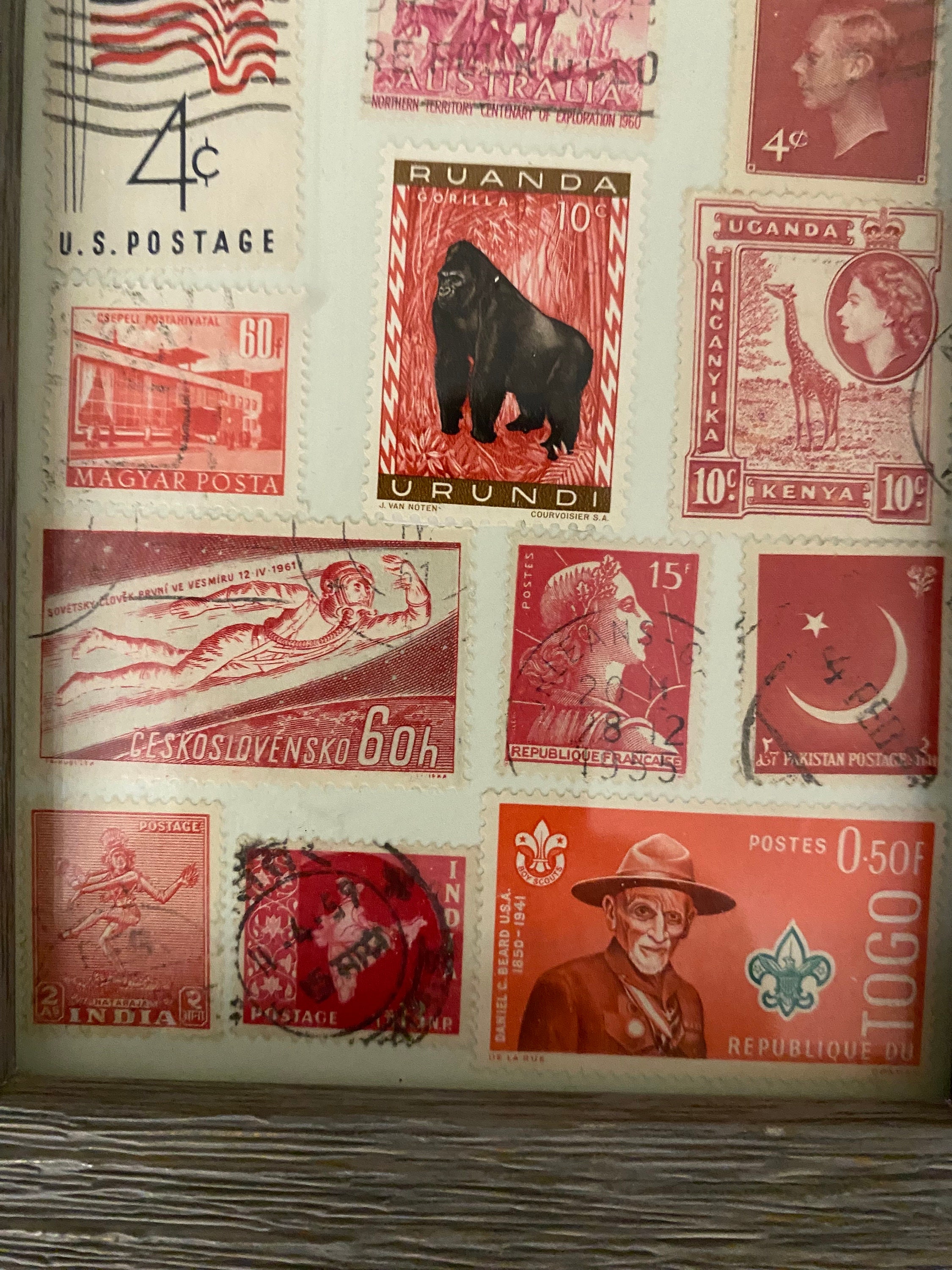 Red Vintage Stamp Art in Wooden Frame - Etsy