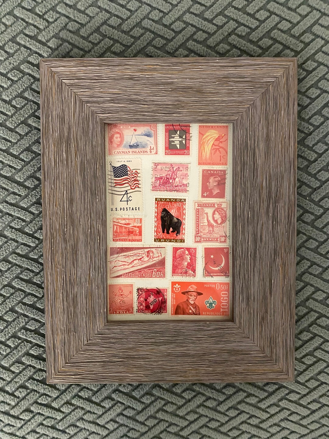 Red Vintage Stamp Art in Wooden Frame - Etsy