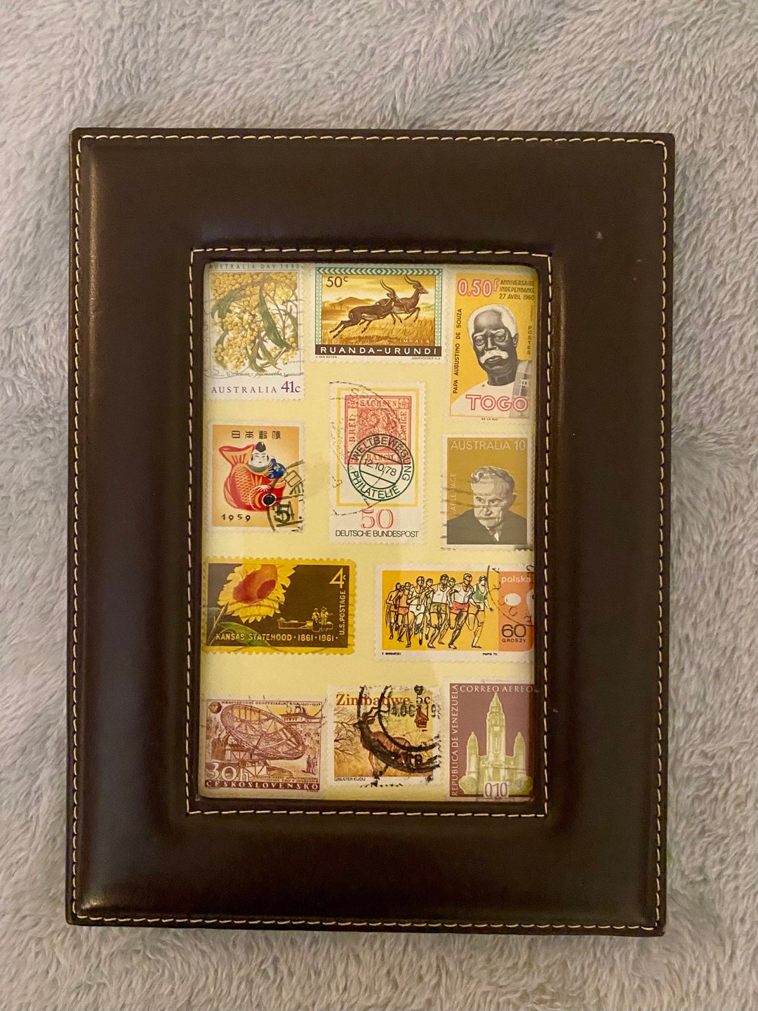 Yellow Vintage Stamp Art in Brown Leather Frame - Etsy