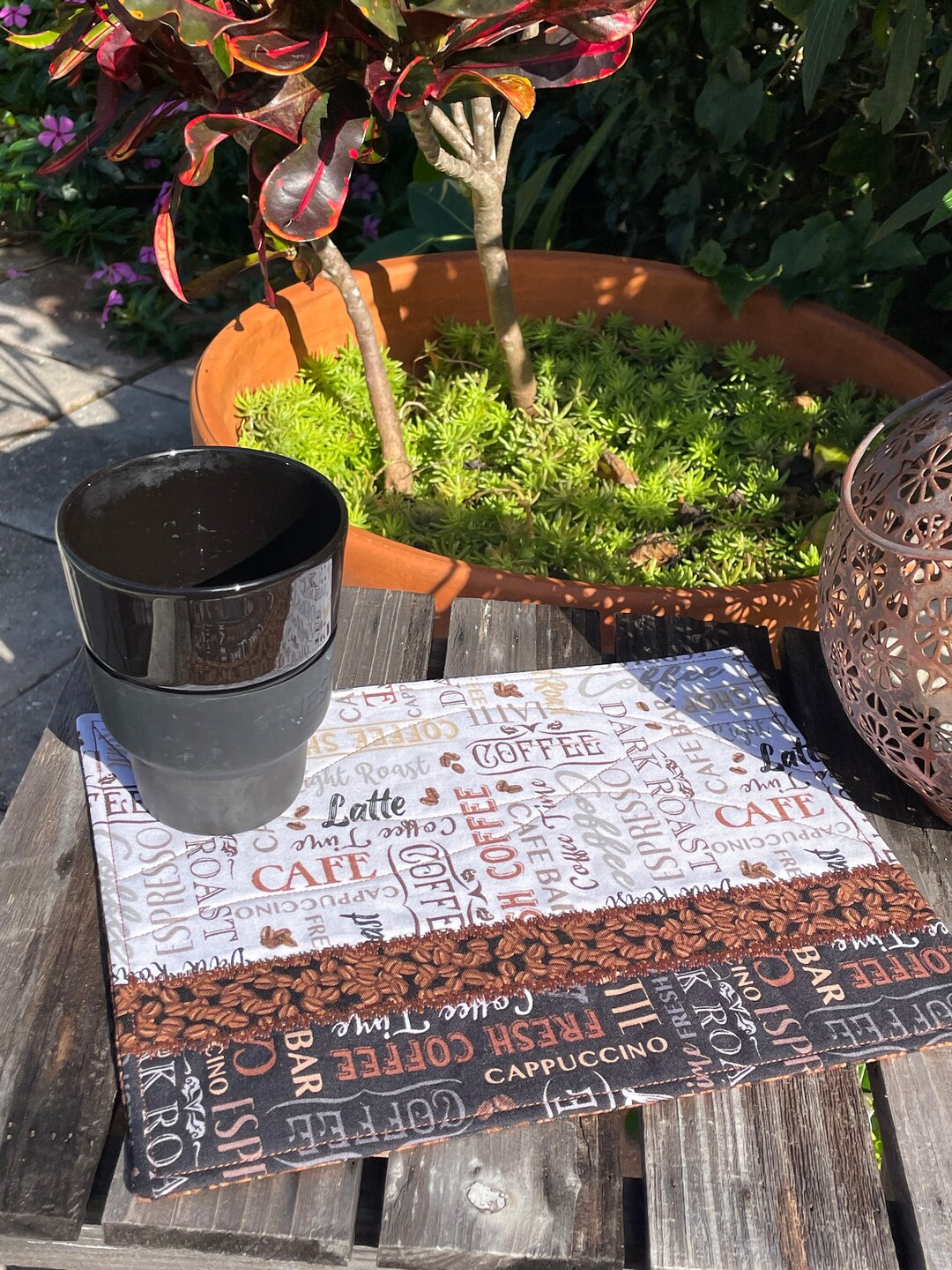 Coffee Bean and Coffee Themed Fabric, White Top, Black Bottom Mug Rug ...