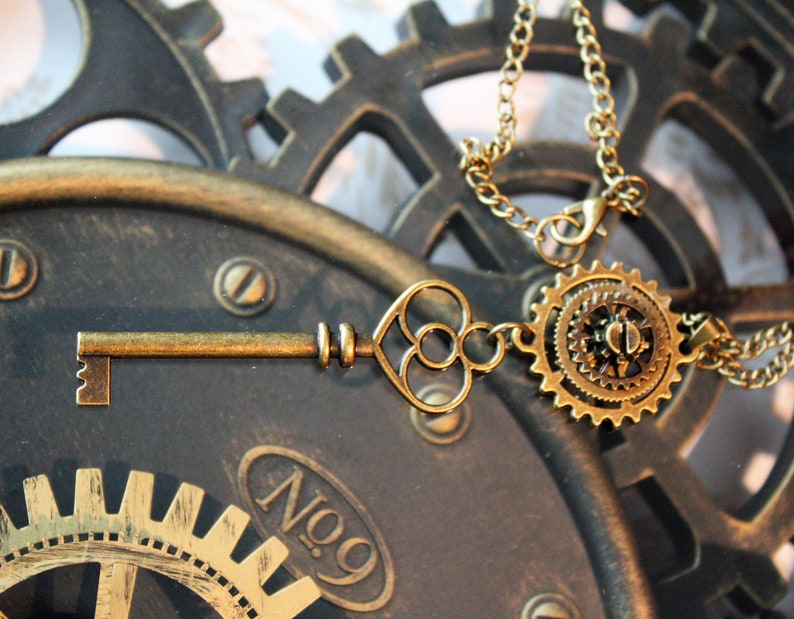 Steampunk Key and Gears Pendant, Antique Brass 22 Inch Chain - Etsy