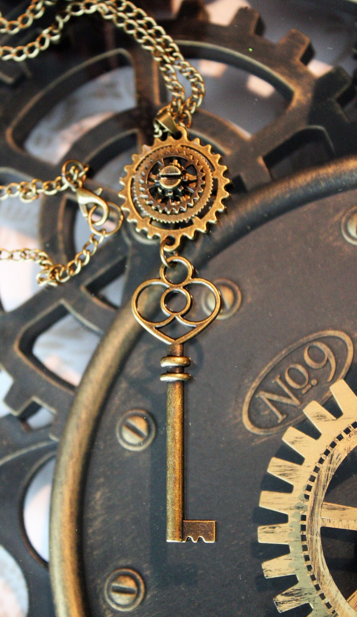 Steampunk Key and Gears Pendant, Antique Brass 22 Inch Chain - Etsy