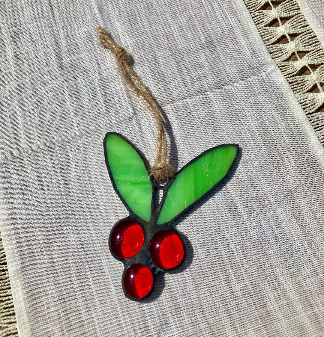 Stained Glass Holly, Holly Glass Ornament, Christmas Ornament, Small ...