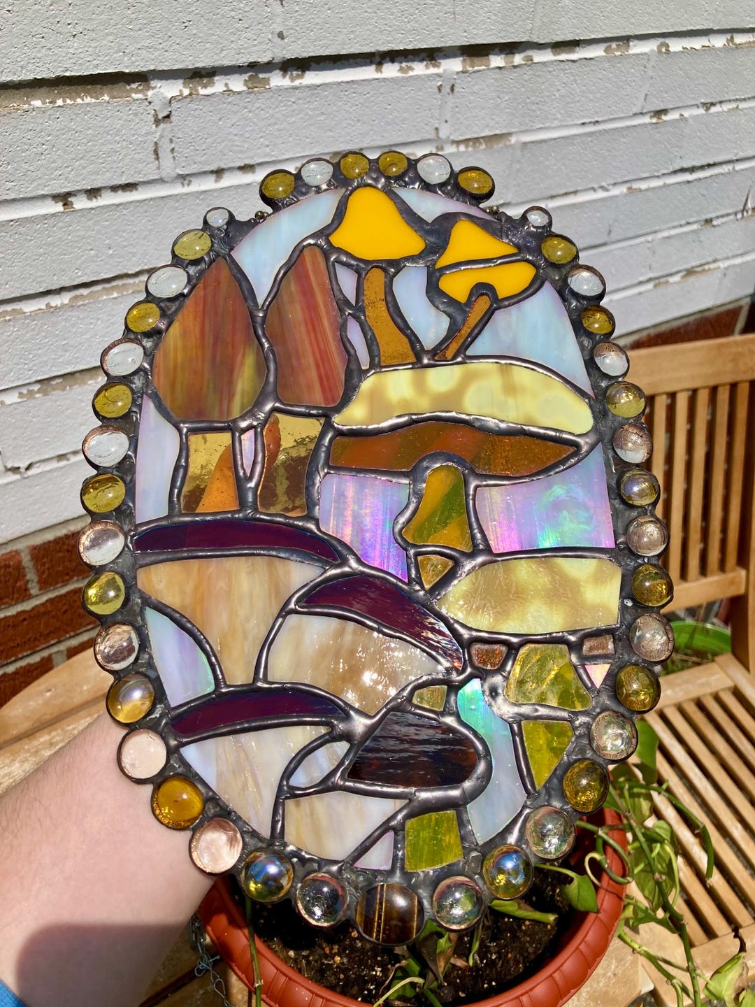 Large Stained Glass Mushrooms Panel, Sun Catcher, Window Hanging ...