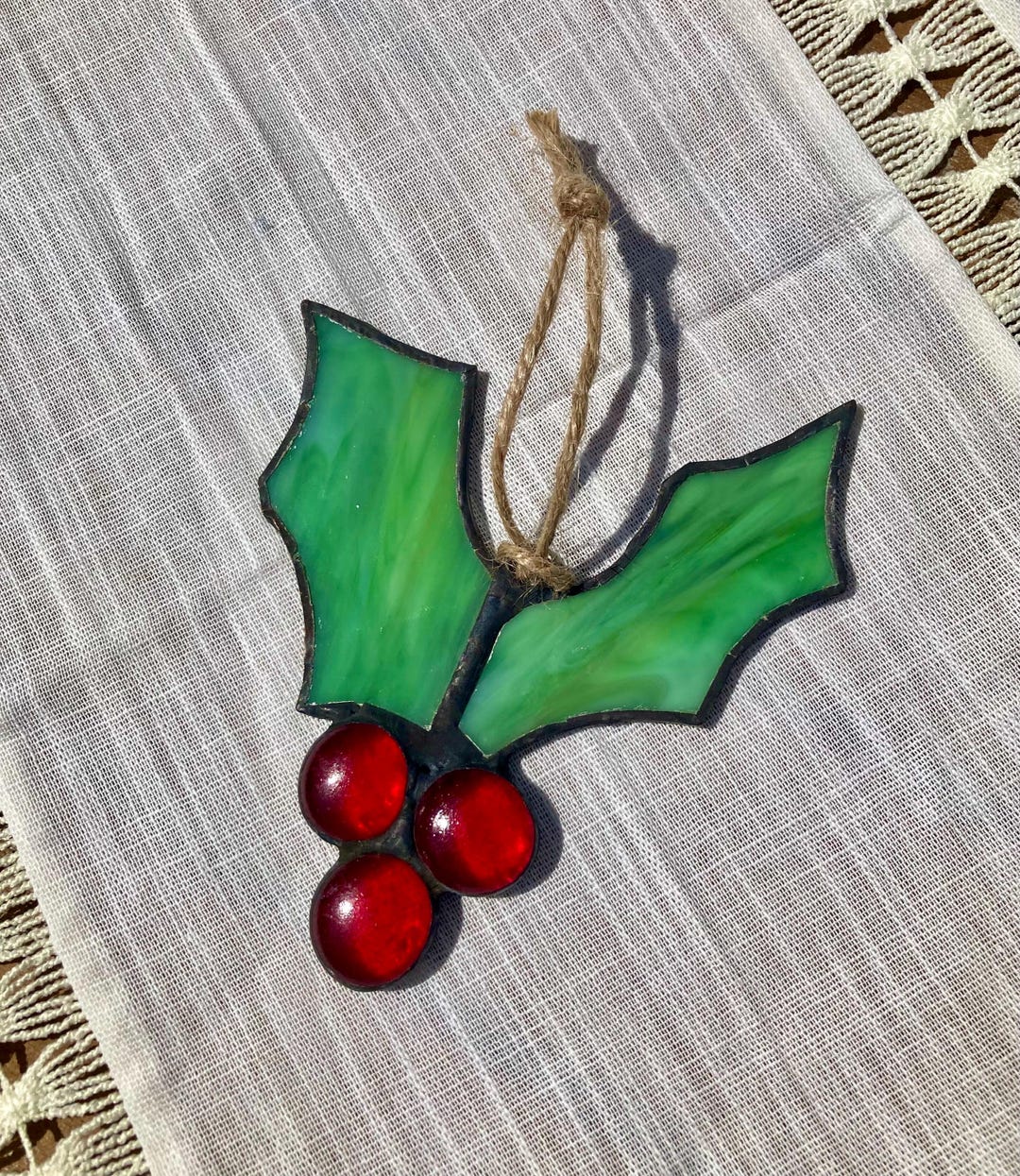 Stained Glass Holly, Holly Glass Ornament, Christmas Ornament, Small ...