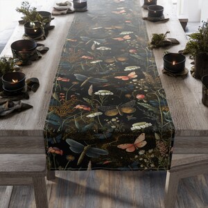 Dark Cottagecore Wildflower Table Runner With Moth and Goblincore ...