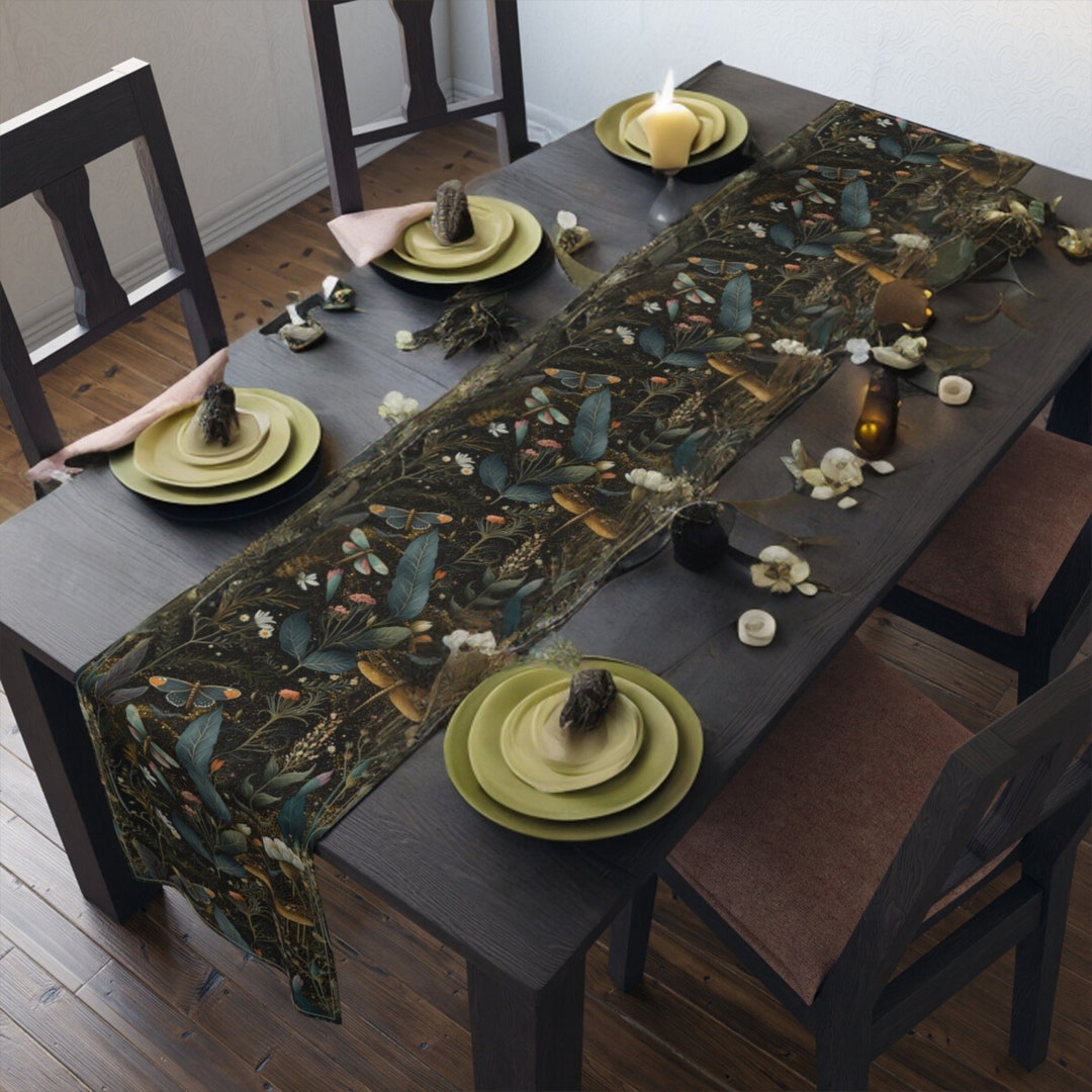 Dark Cottagecore Wildflower Table Runner With Moth and Goblincore ...