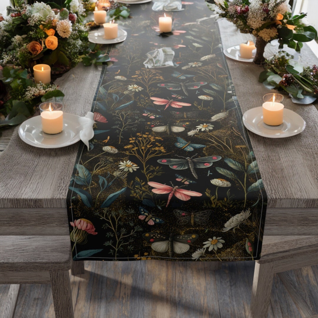 Dark Cottagecore Wildflower Table Runner With Moth and Goblincore ...