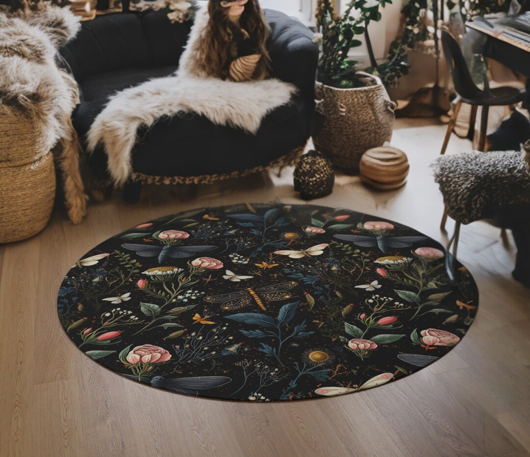 Whimsigoth Round Rug Wildflower Moth Rug Cottagecore Boho Rug Woodland ...