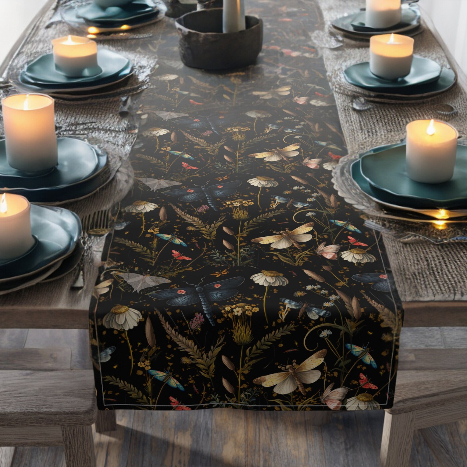 Dark Cottagecore Wildflower Table Runner With Moth and - Etsy