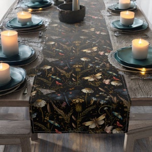 Dark Cottagecore Wildflower Table Runner With Moth and Goblincore ...