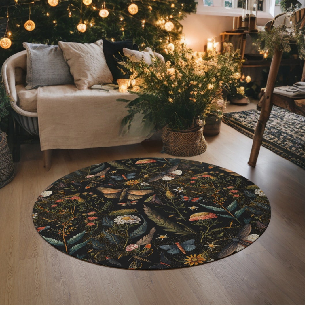 Round Rug Whimsigoth Decor Wildflower Moth Witchy Rug Dark Cottagecore ...