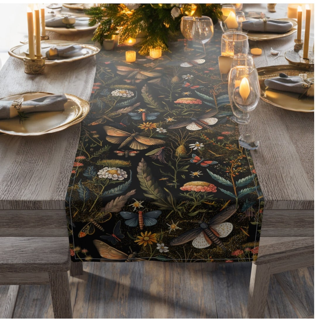 Whimsigoth Cottagecore Wildflower Table Runner With Moth and Goblincore ...