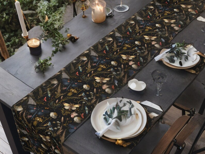 Dark Cottagecore Wildflower Table Runner With Moth and - Etsy