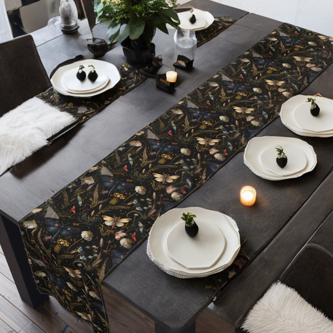 Dark Cottagecore Wildflower Witchy Gothic Table Runner With Moth and ...