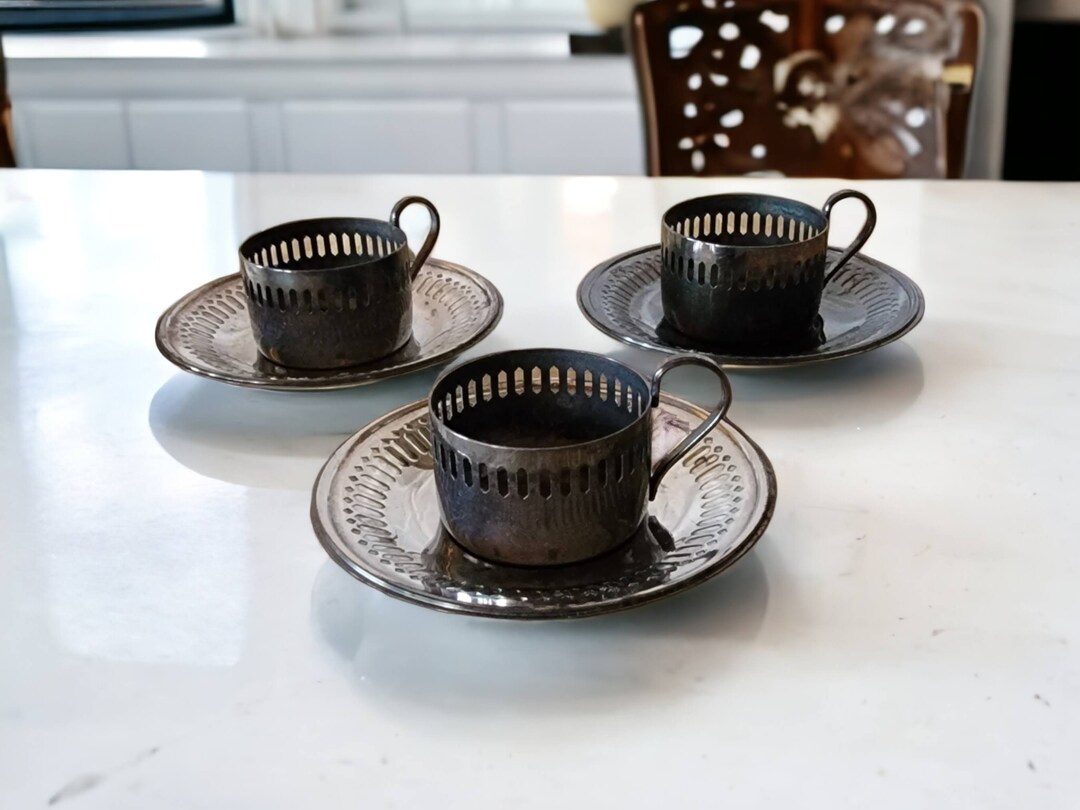 Three Bellini Silver Plate Demitasse Saucers and Cups Vintage Metal Set Made in Brazil Expresso ...