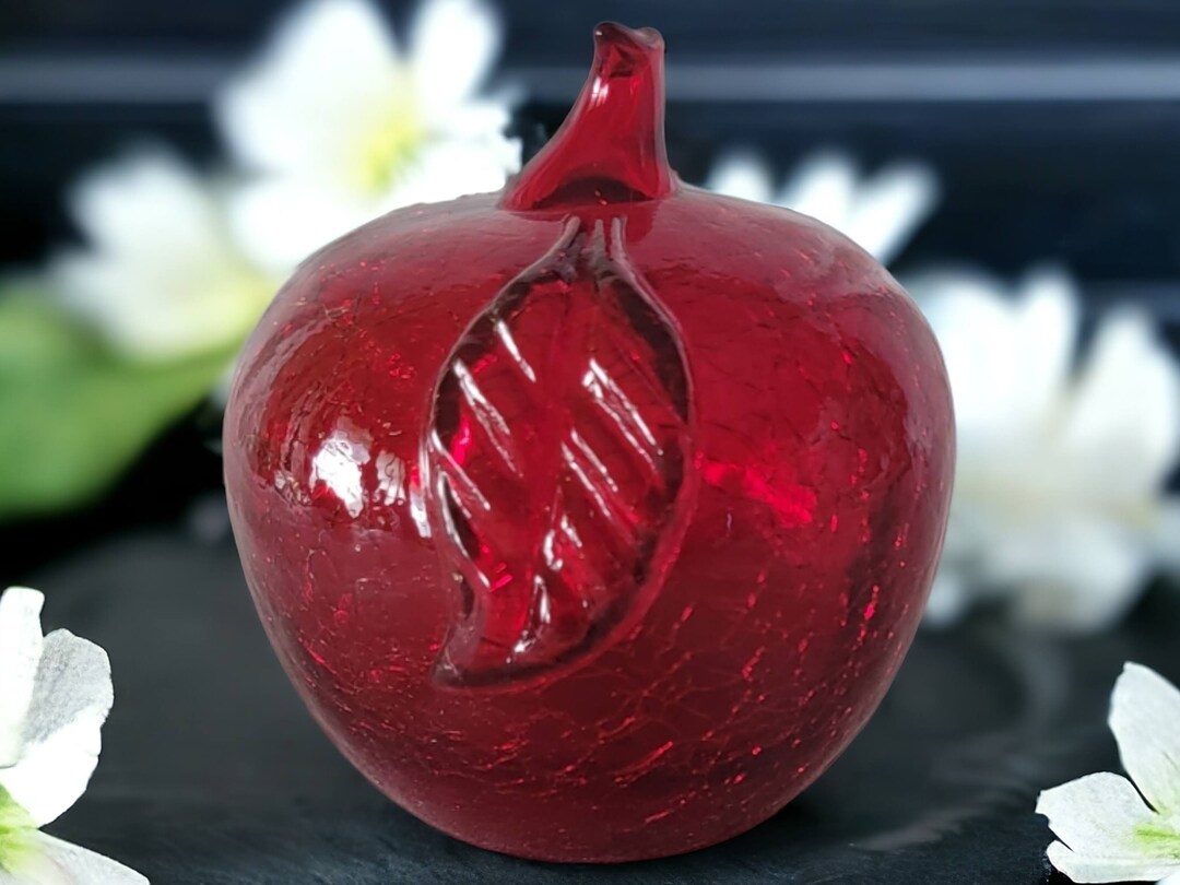 Ruby Red Crackle Glass Apple With Stem and Leaf Art Glass Paperweight ...