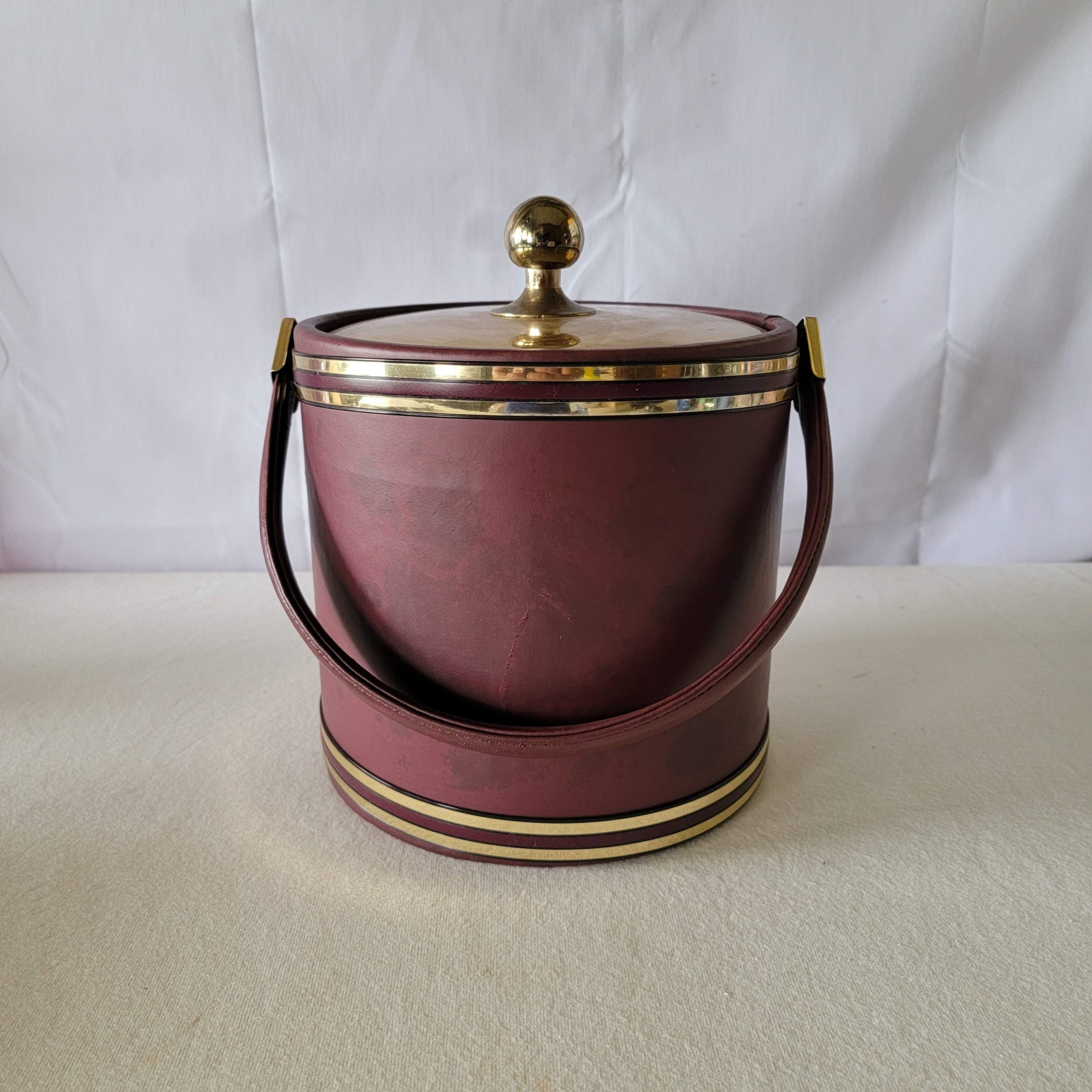 Elegance by Kraftware Ice Bucket Faux Leather Maroon With Gold Toned ...