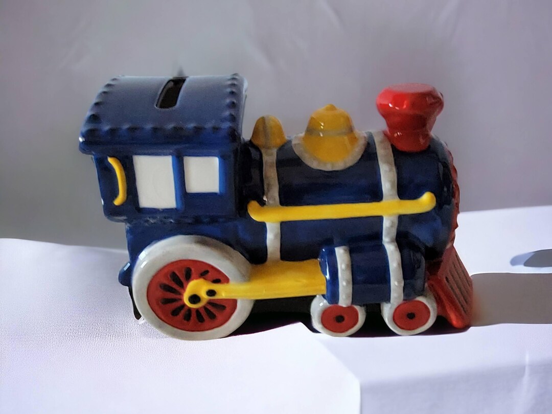 Vintage Ceramic Train Bank Blue Yellow and Red Coin Bank Unique ...
