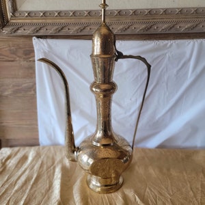 Extra Large Vintage Brass Oil or Tea Pot Etched Coffee Pot Aftaba Ewer ...