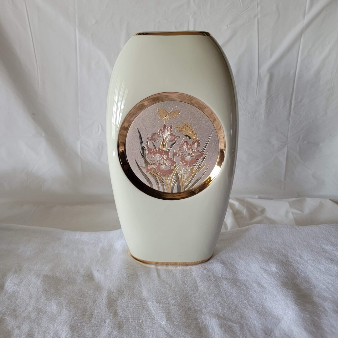 The Art of Chokin Vase 24 Gold Edged Floral Vase Flowers and Butterfly ...