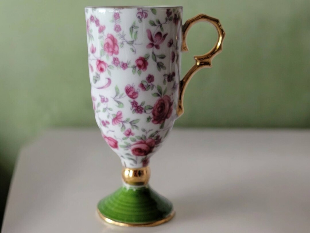Vintage Inarco Demitasse Cup Pink Flowered Pattern With Green Base and ...