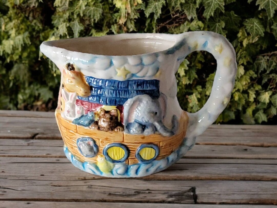 Noah's Ark Creamer Small Pitcher Ceramic Embossed Animals Vintage Hand ...