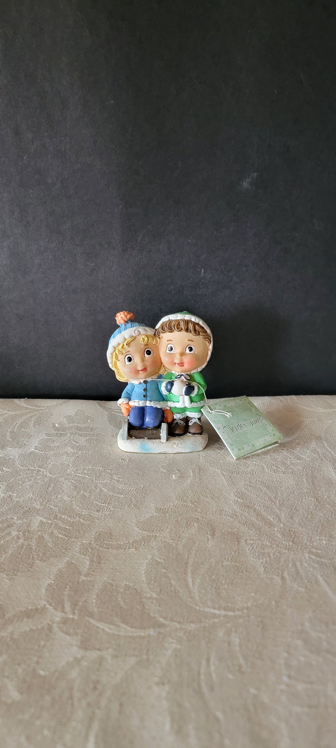 Vintage Tender Times Ceramic Figurine Children Playing in Snow Girl Boy ...