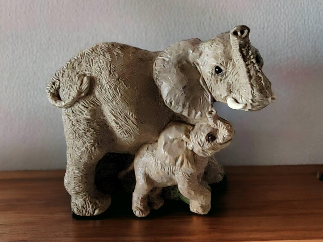 Vintage Stone Critters Elephant Mom and Baby Figurine Trunk up United ...