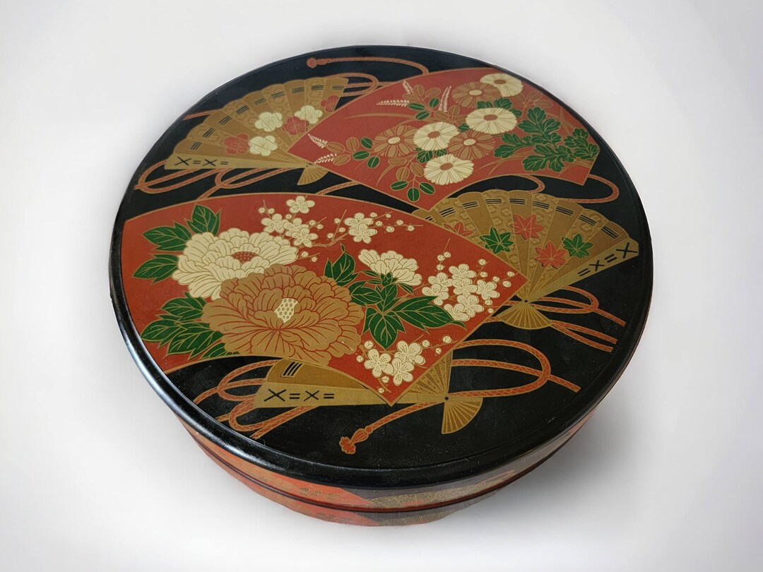 Vintage Round Japanese Bento Lacquerware Style Box Two Tiered Floral ...