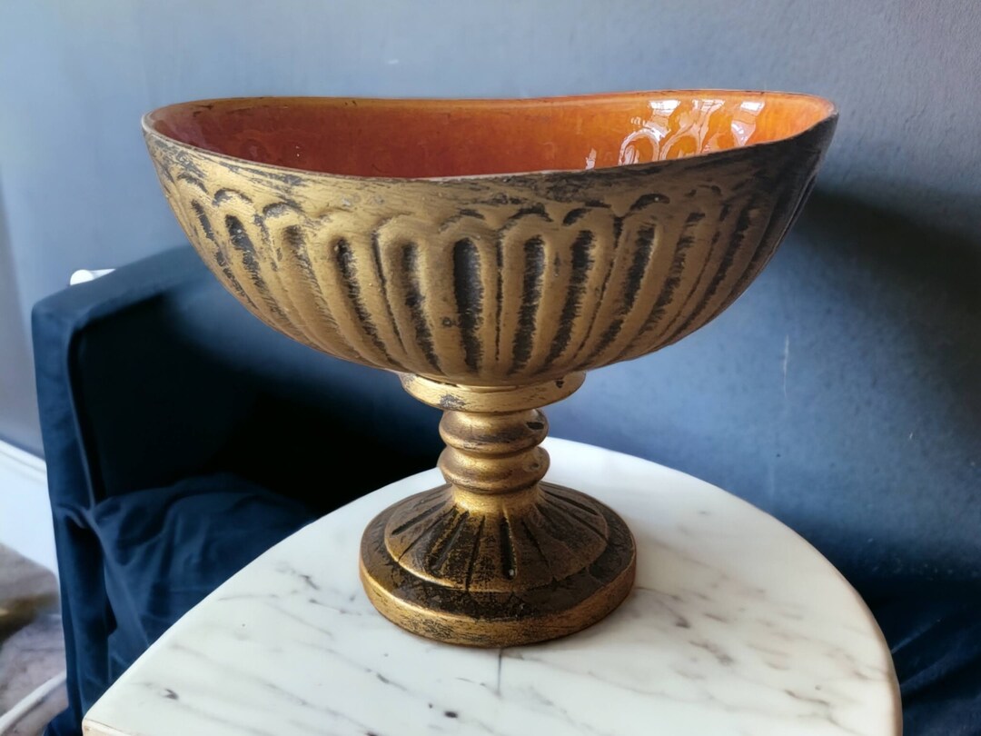 Vintage Pedestal Compote Orange Drip Glaze Gold and Black Matte Table ...