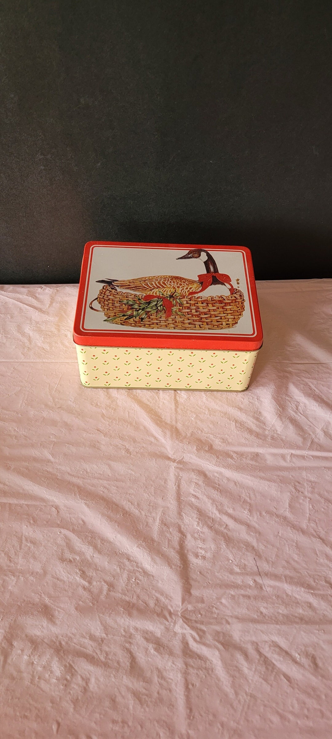 Vintage Schmid Gordon Fraser 1984 Christmas Square Tin Goose in Basket ...