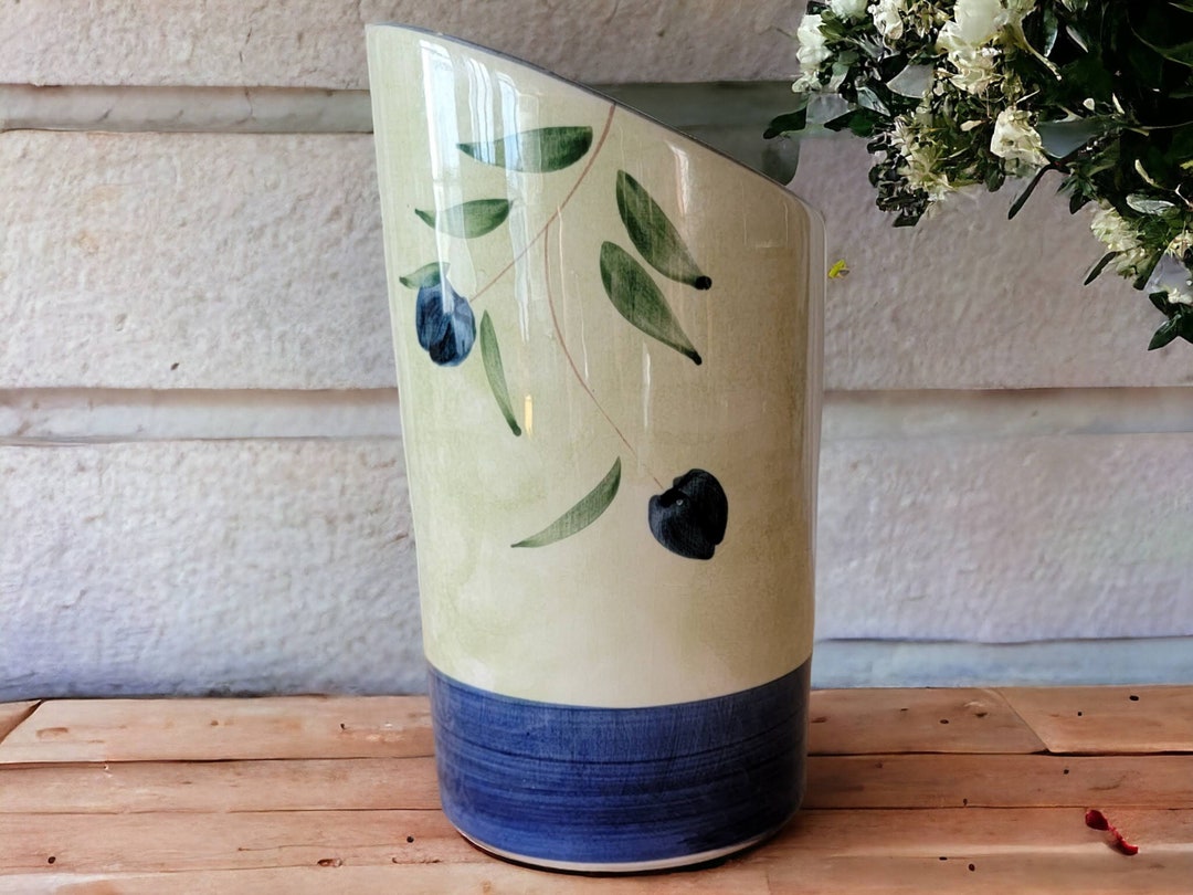 Ceramica Italy Pottery Vase Olive Branch Design Wide Sloped Diagonal Top Light Green and Blue ...