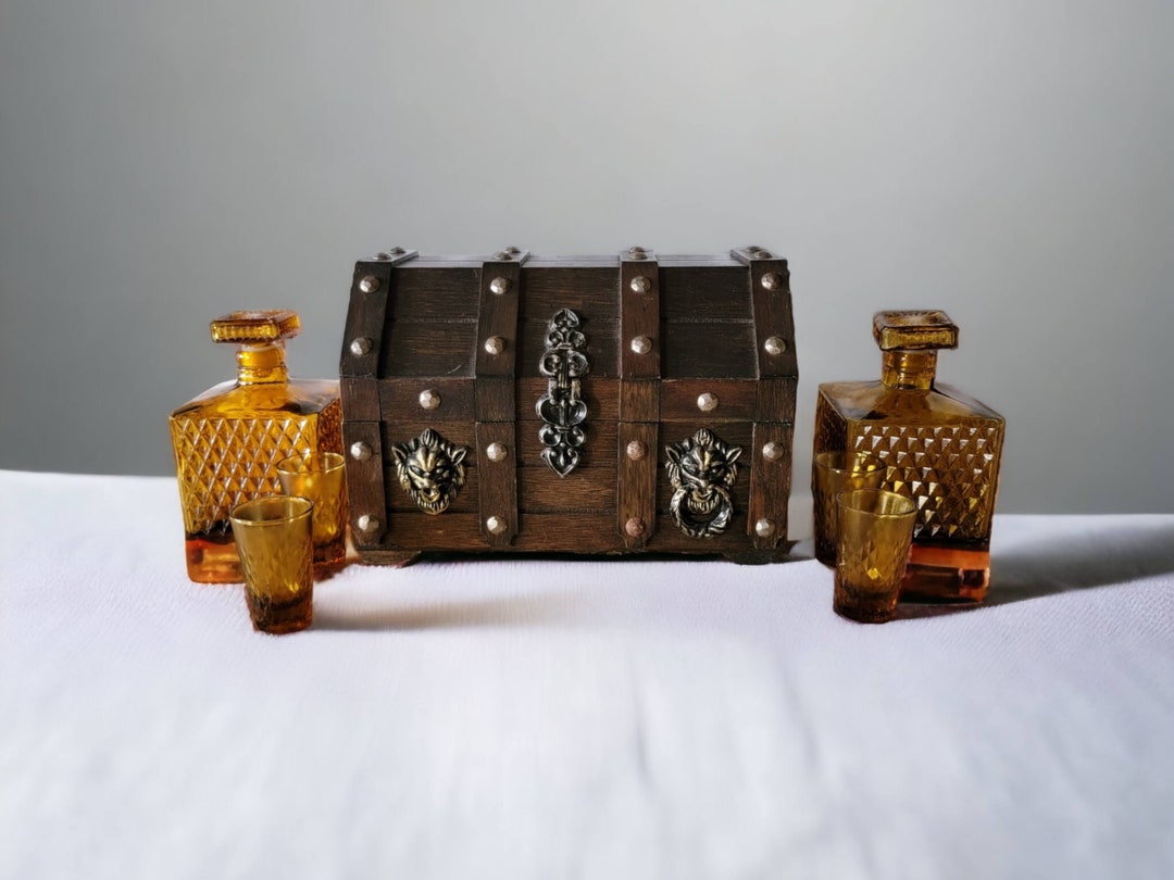 Vintage Wooden Treasure Chest With 2 Orange Decanters and 4 Orange Shot ...