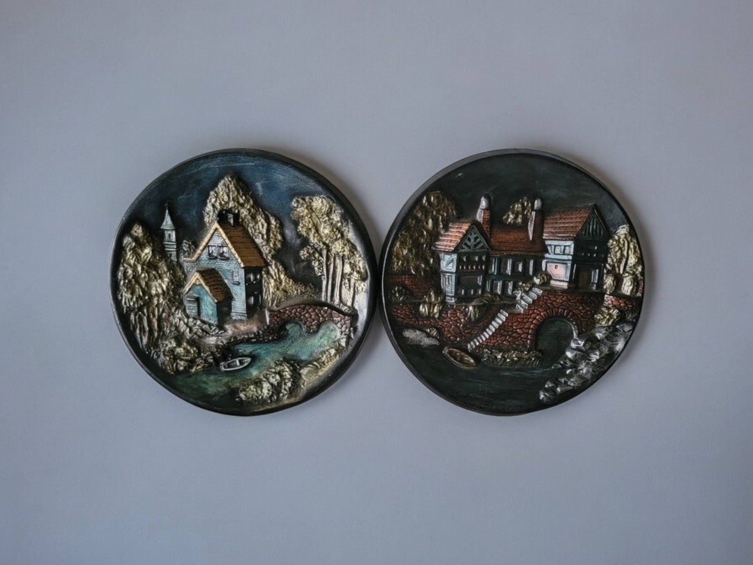 3D Ceramic Clay Art Pottery Wall Decor Country Home Water Scene Round ...