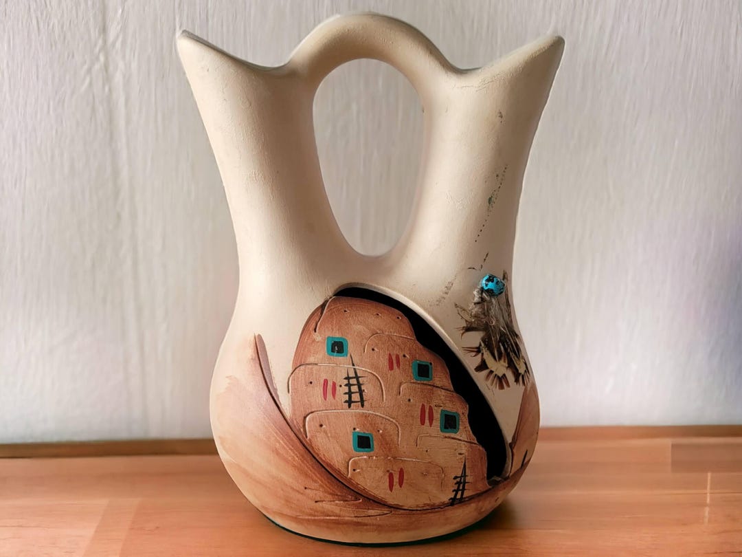 Native American Wedding Vase Tan Brown and Teal With Small Feathers ...
