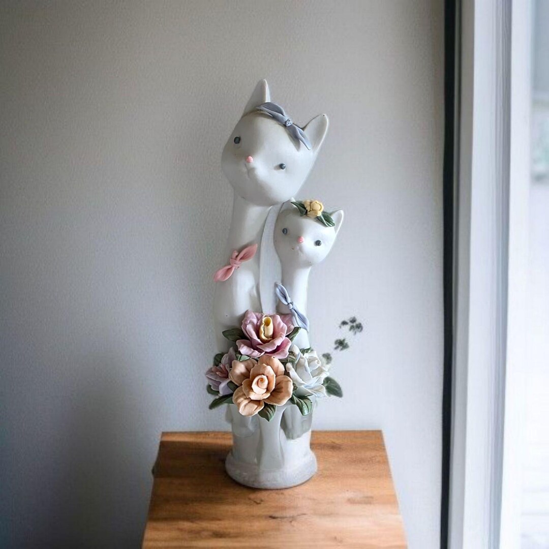 Vintage Porcelain Long Neck Cat Figurine Two Kitties Joined Together ...