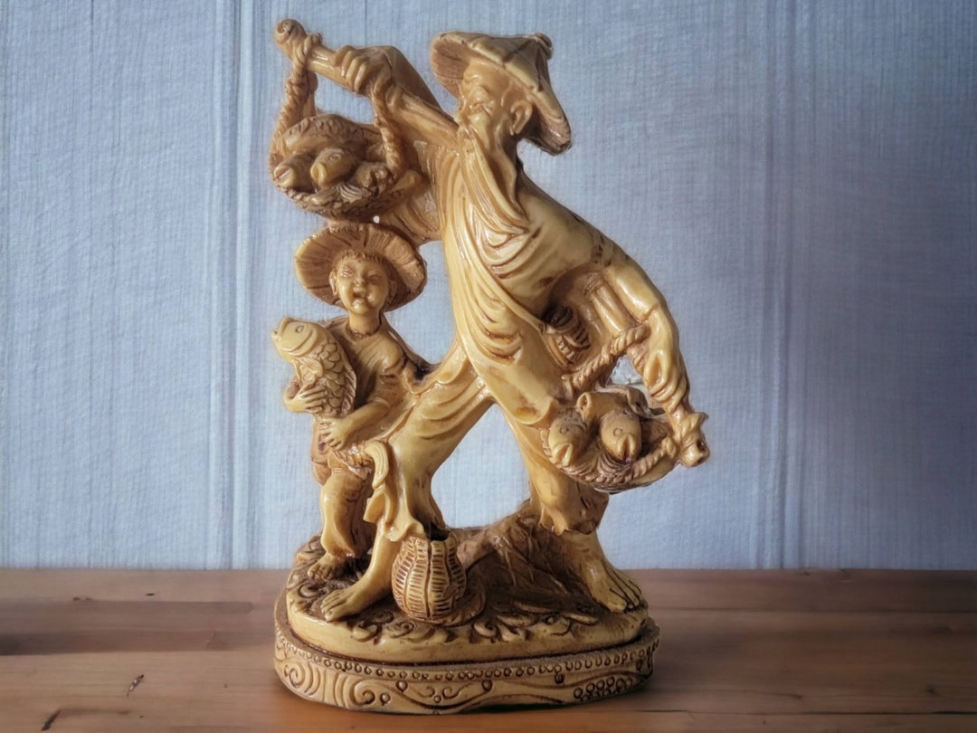 Resin Asian Fisherman Man and Little Boy Carrying Fish Figurine Chinese ...