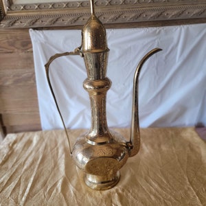 Extra Large Vintage Brass Oil or Tea Pot Etched Coffee Pot Aftaba Ewer ...
