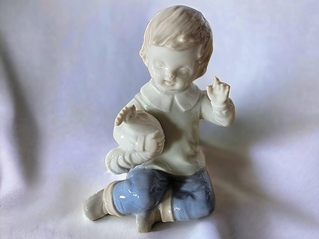Child Boy Holding Rooster Figurine in Sitting Position Soft Pastel ...