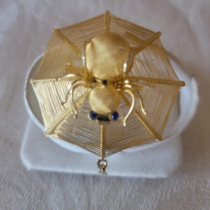 Filigree Spider in Web Gold Tone Brooch, Blue Sapphire Eyes, Halloween ...