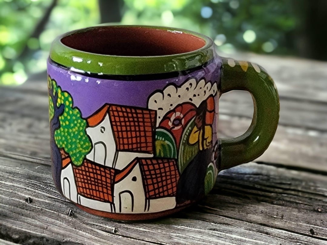 Vintage Clay Mexican Coffee Mugs Folk Art Hand Crafted Story Telling ...