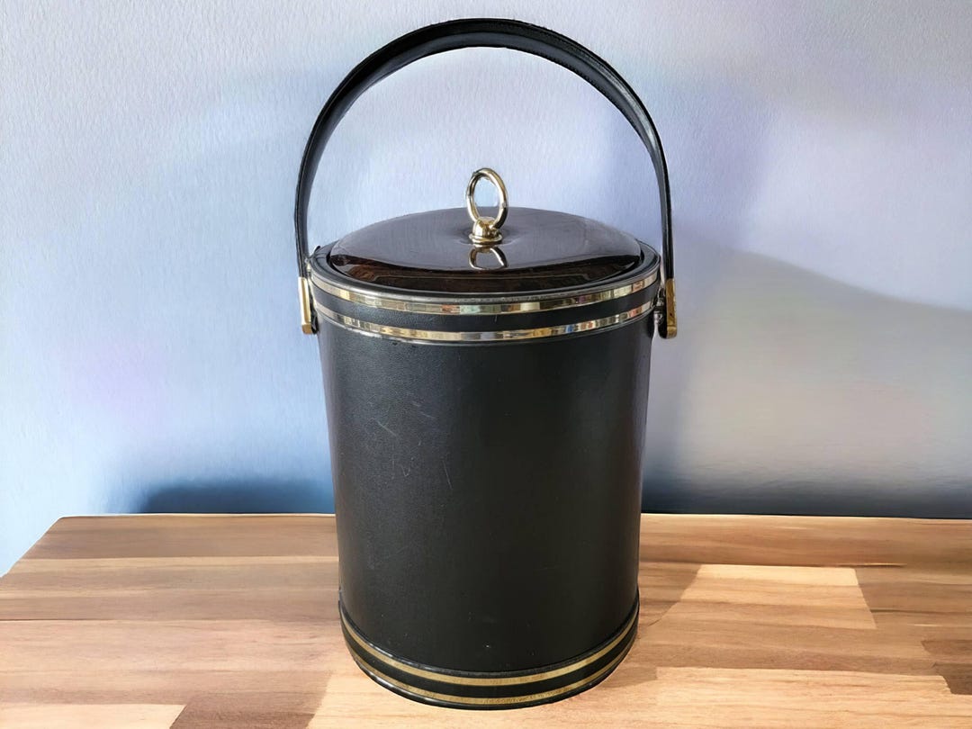 2003 Erwyn Ice Bucket Black Faux Leather Gold Toned Metal Trim Vinyl ...