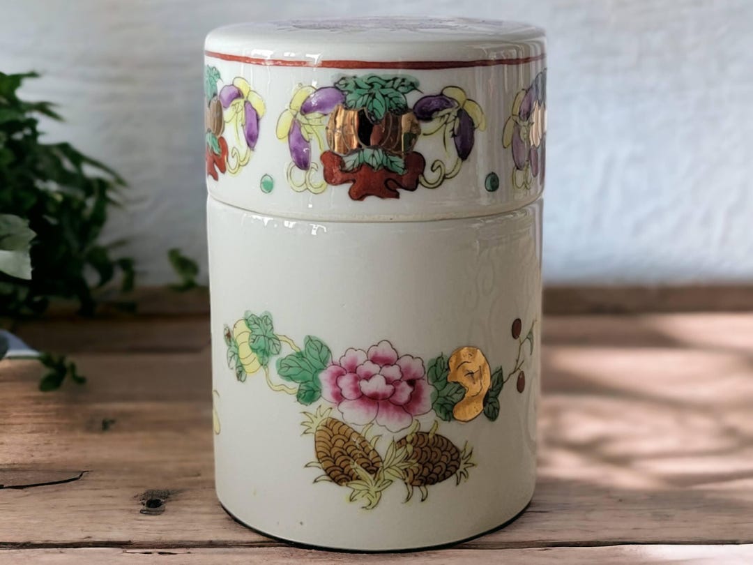 Japanese Porcelain Round Jar With Lid Butterflies and Floral Design ...
